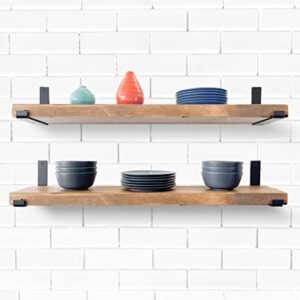 Rustic Shelves with J-Brackets Set of 2, Industrial Shelf, Kitchen Shelves, Solid Wood, Decorative Wall Storage, Heavy Duty, URBANDI (Brown, 24Wx10D)