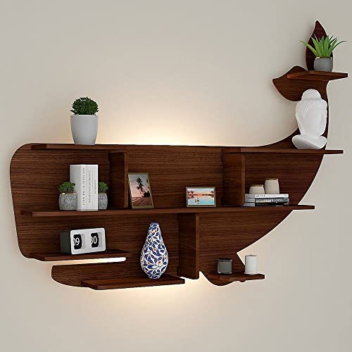 Tyagi-Export Whale Backlit Wood Wall Shelf/Book Shelf/Night Light, Walnut Finish Regular (32 inches x 25 inches) Handcrafted in India - for Living Room Bedroom Kitchen Bathroom Farmhouse