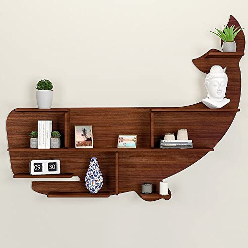 Tyagi-Export Whale Backlit Wood Wall Shelf/Book Shelf/Night Light, Walnut Finish Regular (32 inches x 25 inches) Handcrafted in India - for Living Room Bedroom Kitchen Bathroom Farmhouse