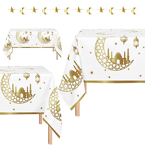 Oojami 3pk Ramadan Eid Mubarak Table Cover Includes 1 Crescent and Star Banner, Ideal for Ramadan and Eid (White)