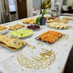 Oojami 3pk Ramadan Eid Mubarak Table Cover Includes 1 Crescent and Star Banner, Ideal for Ramadan and Eid (White)