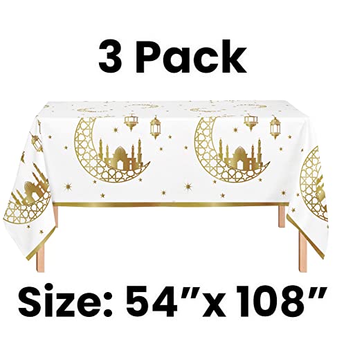 Oojami 3pk Ramadan Eid Mubarak Table Cover Includes 1 Crescent and Star Banner, Ideal for Ramadan and Eid (White)