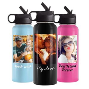 personalized water bottles for kids, 18oz/32oz custom name stainless steel insulated water bottle with straw lid & handle, customized boys girls sports water bottle gifts for school-solid