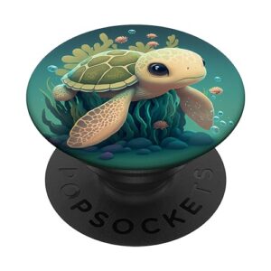 cute kawaii sea turtle in the ocean popsockets standard popgrip