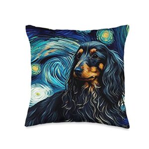 long haired dachshund pet love fun long haired dachshund in starry night painting dog mom dad throw pillow, 16x16, multicolor