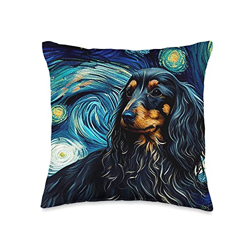 Long Haired Dachshund Pet Love Fun Long Haired Dachshund in Starry Night Painting Dog Mom Dad Throw Pillow, 16x16, Multicolor