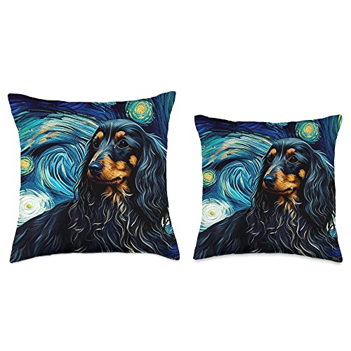 Long Haired Dachshund Pet Love Fun Long Haired Dachshund in Starry Night Painting Dog Mom Dad Throw Pillow, 16x16, Multicolor