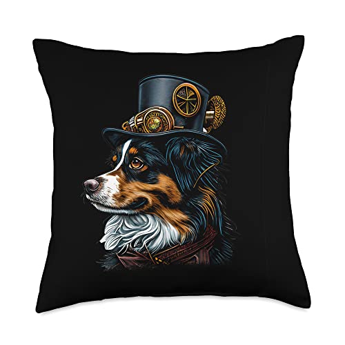 Australian Shepherd gifts for dog mom Gothic Steampunk Aussie Mini Australian Shepherd Throw Pillow, 18x18, Multicolor