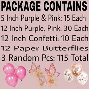 (115 PCS) Butterfly Pink and Purple Balloons Garland Arch Kit, Baby Shower Decorations for Girl Butterfly Stickers Confetti Balloons for Birthday Wedding Bridal Shower Decorations