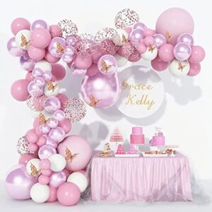 (115 PCS) Butterfly Pink and Purple Balloons Garland Arch Kit, Baby Shower Decorations for Girl Butterfly Stickers Confetti Balloons for Birthday Wedding Bridal Shower Decorations