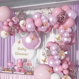 (115 PCS) Butterfly Pink and Purple Balloons Garland Arch Kit, Baby Shower Decorations for Girl Butterfly Stickers Confetti Balloons for Birthday Wedding Bridal Shower Decorations