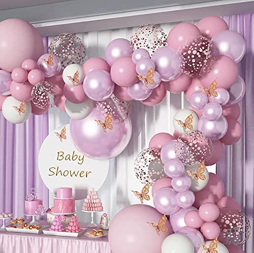 (115 PCS) Butterfly Pink and Purple Balloons Garland Arch Kit, Baby Shower Decorations for Girl Butterfly Stickers Confetti Balloons for Birthday Wedding Bridal Shower Decorations