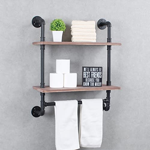 OUBITO Rustic Floating Shelf,Industrial Pipe Shelving,24inch Bathroom Shelves Wall Mounted with Towel bar,Metal Wall Shelf,2 Tier Towel Rack,Floating Shelves,Black