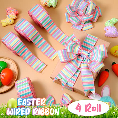 4 Rolls 40 Yards Easter Wired Ribbons Spring Pastel Canvas Ribbon Spring Decorative Ribbon Horizontal Stripe Craft Ribbon for Wrapping Easter Party Crafting Sewing (1.5 Inch in Width)