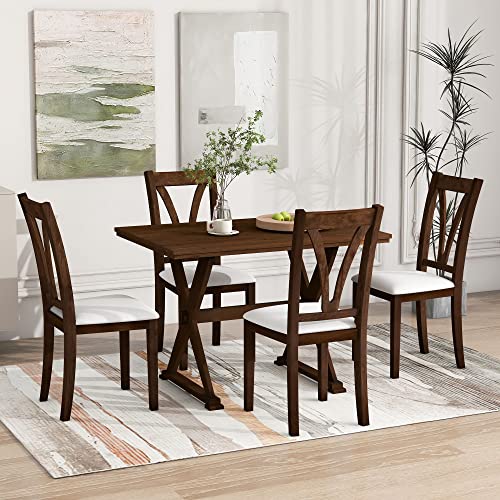 Harper & Bright Designs 5 Piece Dining Table Set, Wood Rectangular Dining Table and 4 Upholstered Chairs, Mid-Century Kitchen Dining Room Table Chairs Set for 4 Persons (Antique Brown)