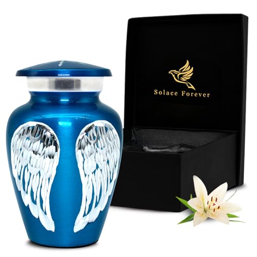 Blue Angel Keepsake Urn - Small Urn for Human Ashes Keepsake - Mini Blue Urn with Box & Bags - Honor Your Loved One with Angel Wings Urns for Ashes Small - Small Cremation Urn for Men & Women