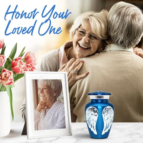 Blue Angel Keepsake Urn - Small Urn for Human Ashes Keepsake - Mini Blue Urn with Box & Bags - Honor Your Loved One with Angel Wings Urns for Ashes Small - Small Cremation Urn for Men & Women