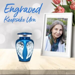 Blue Angel Keepsake Urn - Small Urn for Human Ashes Keepsake - Mini Blue Urn with Box & Bags - Honor Your Loved One with Angel Wings Urns for Ashes Small - Small Cremation Urn for Men & Women