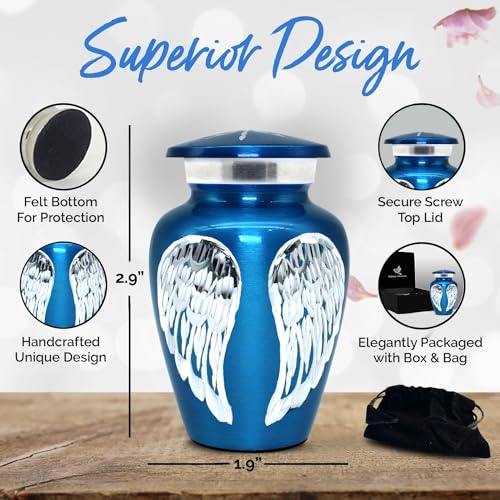 Blue Angel Keepsake Urn - Small Urn for Human Ashes Keepsake - Mini Blue Urn with Box & Bags - Honor Your Loved One with Angel Wings Urns for Ashes Small - Small Cremation Urn for Men & Women