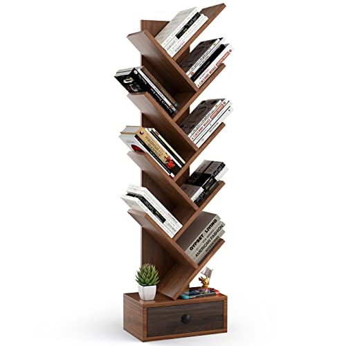 OFFICEJOY 10-Tier Tree Bookshelf, Floor Standing Bookshelf with Drawer, Small Bookcase for CDs, Books, Magazines,Utility Organizer Shelves for Living Room, Study, Bedroom, Office, School, Brown