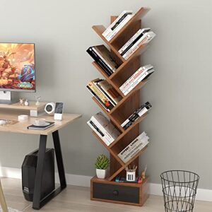 OFFICEJOY 10-Tier Tree Bookshelf, Floor Standing Bookshelf with Drawer, Small Bookcase for CDs, Books, Magazines,Utility Organizer Shelves for Living Room, Study, Bedroom, Office, School, Brown