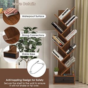 OFFICEJOY 10-Tier Tree Bookshelf, Floor Standing Bookshelf with Drawer, Small Bookcase for CDs, Books, Magazines,Utility Organizer Shelves for Living Room, Study, Bedroom, Office, School, Brown