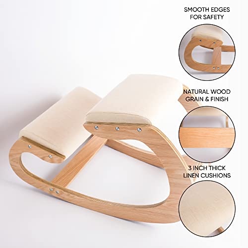 Ergonomic Kneeling Chair - Desk Chairs for Upright Posture - Rocking Stool & Balancing Seat for Home & Office - Wood & Linen Cushion - Relief for Neck and Back Pain