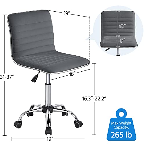 Yaheetech 2PCS Low Back Velvet Chairs Swivel Armless Desk Chair Ribbed Task Chair w/Lumbar Support, Wheels Dark Gray