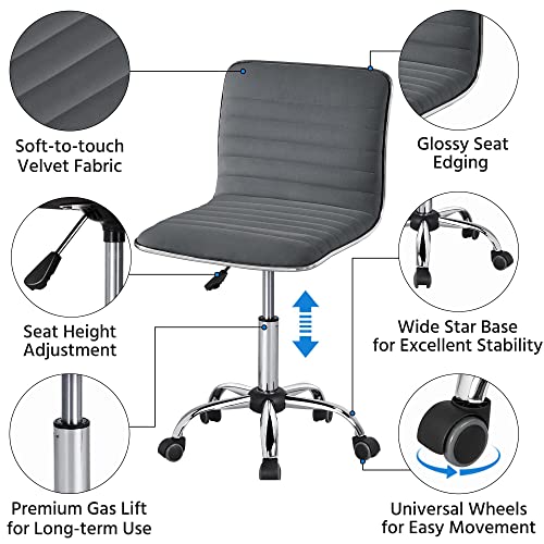 Yaheetech 2PCS Low Back Velvet Chairs Swivel Armless Desk Chair Ribbed Task Chair w/Lumbar Support, Wheels Dark Gray