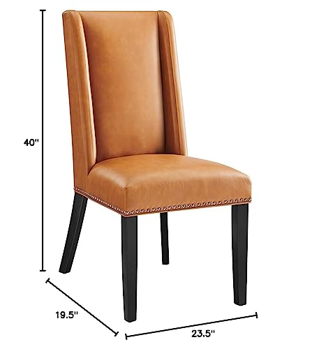 Modway Baron Modern Tall Back Wood Vegan Leather Upholstered Two Dining Chairs in Tan