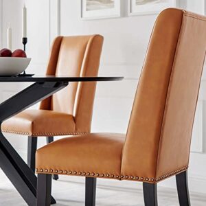 Modway Baron Modern Tall Back Wood Vegan Leather Upholstered Two Dining Chairs in Tan