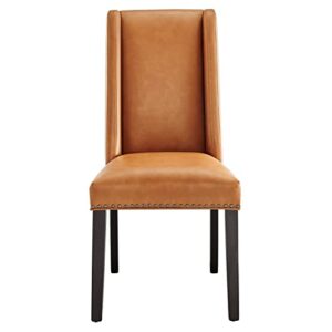 Modway Baron Modern Tall Back Wood Vegan Leather Upholstered Two Dining Chairs in Tan