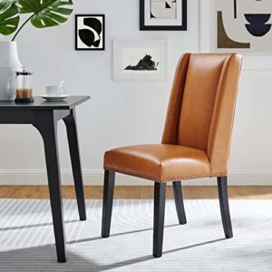 Modway Baron Modern Tall Back Wood Vegan Leather Upholstered Two Dining Chairs in Tan