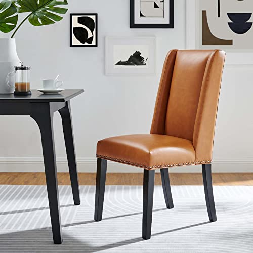 Modway Baron Modern Tall Back Wood Vegan Leather Upholstered Two Dining Chairs in Tan