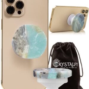 CRYSTALFY Amazonite Natural Edge Crystal Phone Grip & Phone Stand: Authentic Natural Gemstone Swappable Top, Expandable Collapsible Holder for Smartphones and Tablets