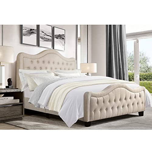 Rosevera Turin Linen Upholstered Panel Bed with Ajustable Button-Tufted Headboard for Bedroom, King, Natural Beige