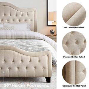 Rosevera Turin Linen Upholstered Panel Bed with Ajustable Button-Tufted Headboard for Bedroom, King, Natural Beige