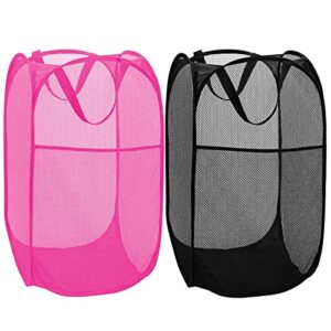 2 pack deluxe strong mesh pop up laundry hamper basket with side pocket durable handles for laundry, bedroom, bathroom, kids room, dorm, travel