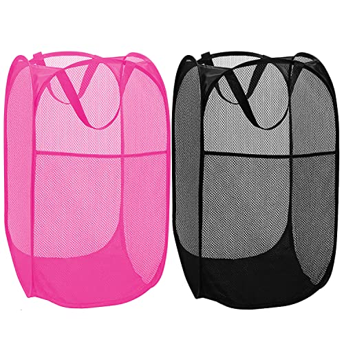 2 Pack Deluxe Strong Mesh Pop Up Laundry Hamper Basket with Side Pocket Durable Handles for Laundry, Bedroom, Bathroom, Kids Room, Dorm, Travel