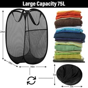 2 Pack Deluxe Strong Mesh Pop Up Laundry Hamper Basket with Side Pocket Durable Handles for Laundry, Bedroom, Bathroom, Kids Room, Dorm, Travel