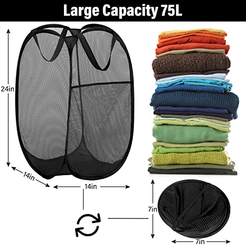 2 Pack Deluxe Strong Mesh Pop Up Laundry Hamper Basket with Side Pocket Durable Handles for Laundry, Bedroom, Bathroom, Kids Room, Dorm, Travel