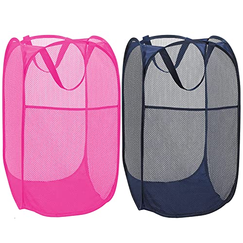 2 Pack Deluxe Strong Mesh Pop up Laundry Hamper Basket with Side Pocket for Laundry Room, Bathroom, Kids Room, College Dorm or Travel