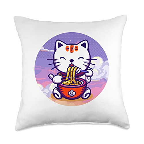 Kawaii Kitty Cat Club Cute Kawaii Ramen Lover Kitty Cat Throw Pillow, 18x18, Multicolor