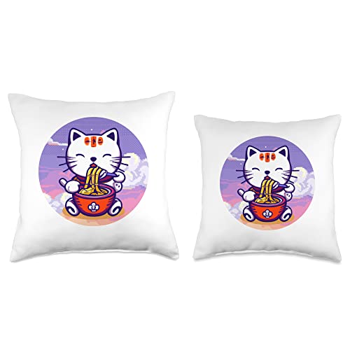 Kawaii Kitty Cat Club Cute Kawaii Ramen Lover Kitty Cat Throw Pillow, 18x18, Multicolor