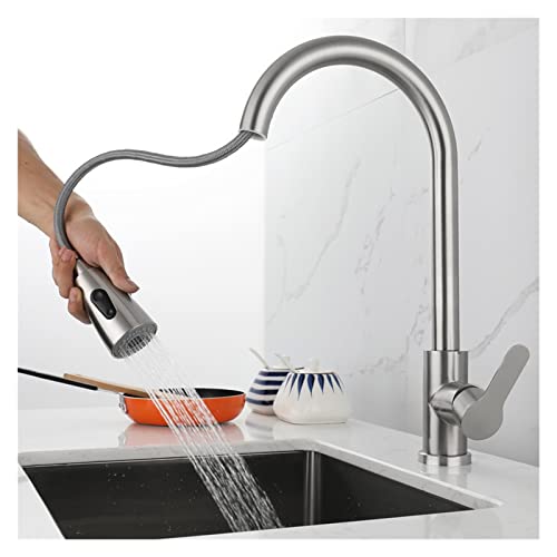 Brushed Nickel Kitchen Faucet Single Hole Pull Out Spout Kitchen Sink Mixer Tap Stream Sprayer Head Chrome/Black Mixer Tap ( Color : Brushed )