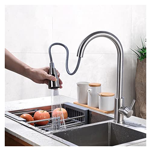 Brushed Nickel Kitchen Faucet Single Hole Pull Out Spout Kitchen Sink Mixer Tap Stream Sprayer Head Chrome/Black Mixer Tap ( Color : Brushed )