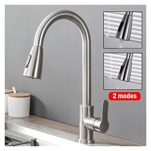 Brushed Nickel Kitchen Faucet Single Hole Pull Out Spout Kitchen Sink Mixer Tap Stream Sprayer Head Chrome/Black Mixer Tap ( Color : Brushed )