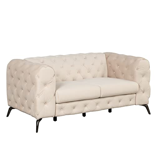 kevinplus 63'' Loveseat Chesterfield Sofa Couch for Living Room, Velvet Modern 2-Seat Button Tufted Upholstered Small Sofa Couch with Strong Metal Legs for Apartment Bedroom Office, Beige