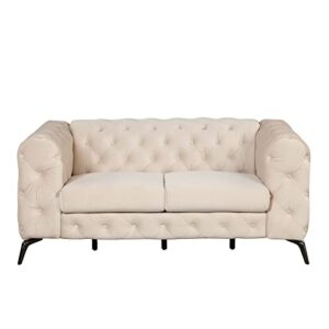 kevinplus 63'' Loveseat Chesterfield Sofa Couch for Living Room, Velvet Modern 2-Seat Button Tufted Upholstered Small Sofa Couch with Strong Metal Legs for Apartment Bedroom Office, Beige