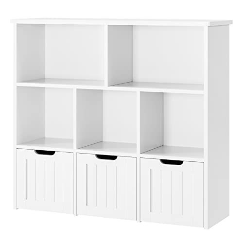 FOTOSOK Toy Storage Organizer with 3 Movable Drawers, Floor Storage Cabinet Toy Chest with Hidden Wheels and 5 Storage Cubbies, Multifunctional Storage Chest for Nursery, Playroom and Bedroom, White